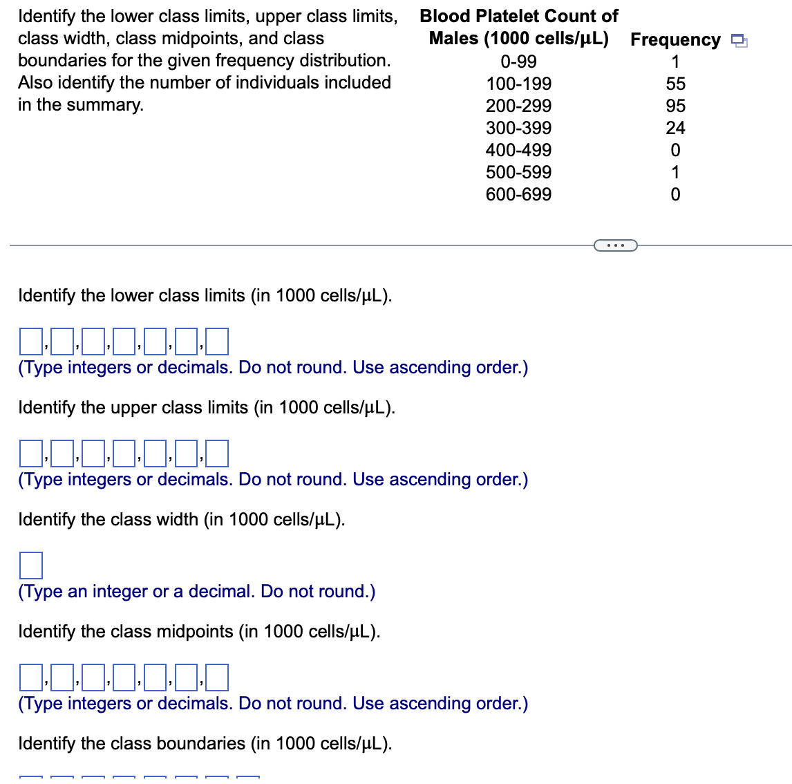 Solved Identify the lower class limits (in 1000 ﻿cells | Chegg.com