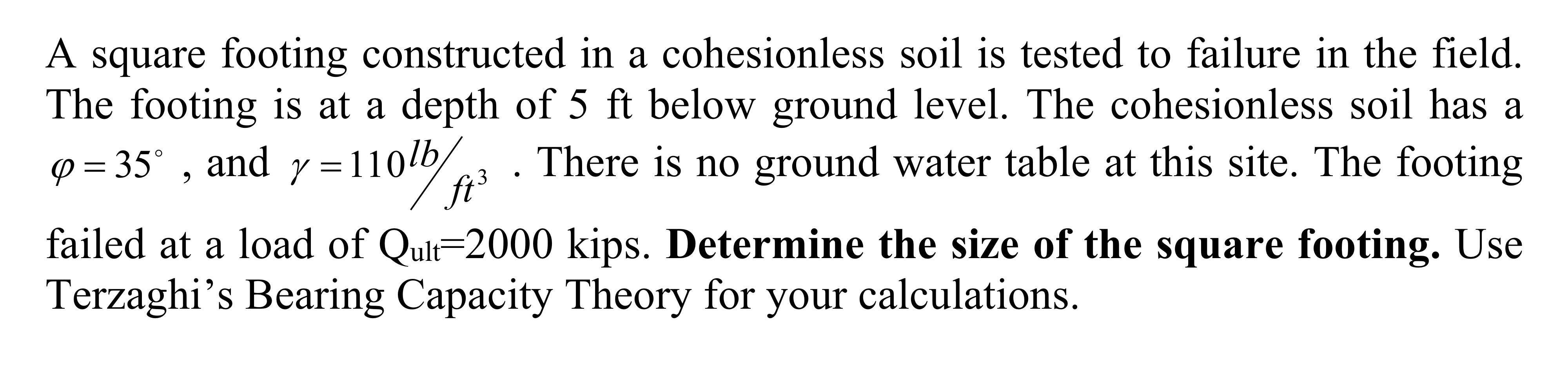 Solved A square footing constructed in a cohesionless soil | Chegg.com