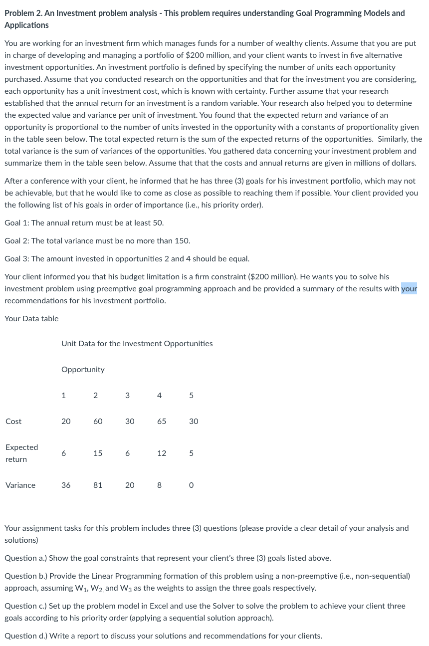 Solved Problem 2. An Investment problem analysis - This | Chegg.com