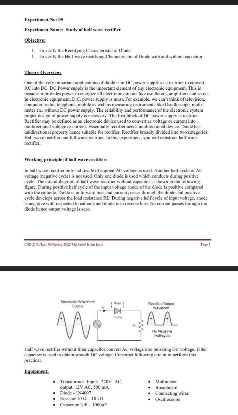 Solved Experiment No: 05 Experiment Name: Study of half wave | Chegg.com