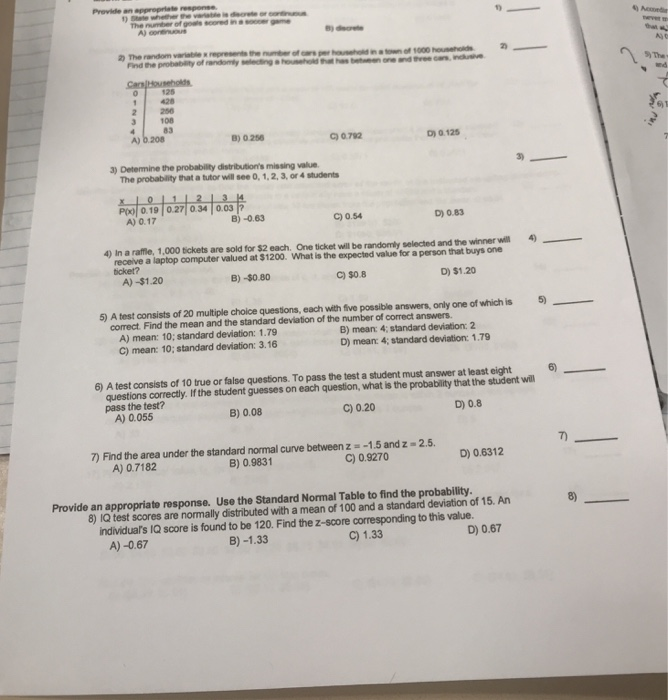 Solved Provide an appropriate response 1) 2) The random | Chegg.com