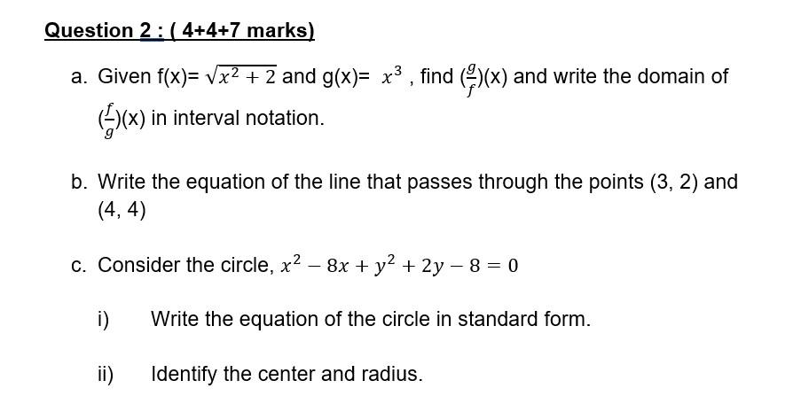 Solved a. Given f(x)=x2+2 and g(x)=x3, find (fg)(x) and | Chegg.com