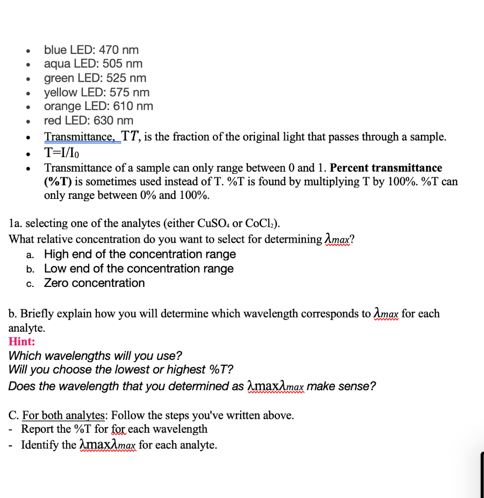 blue LED: 470 nm aqua LED: 505 nm green LED: 525 | Chegg.com