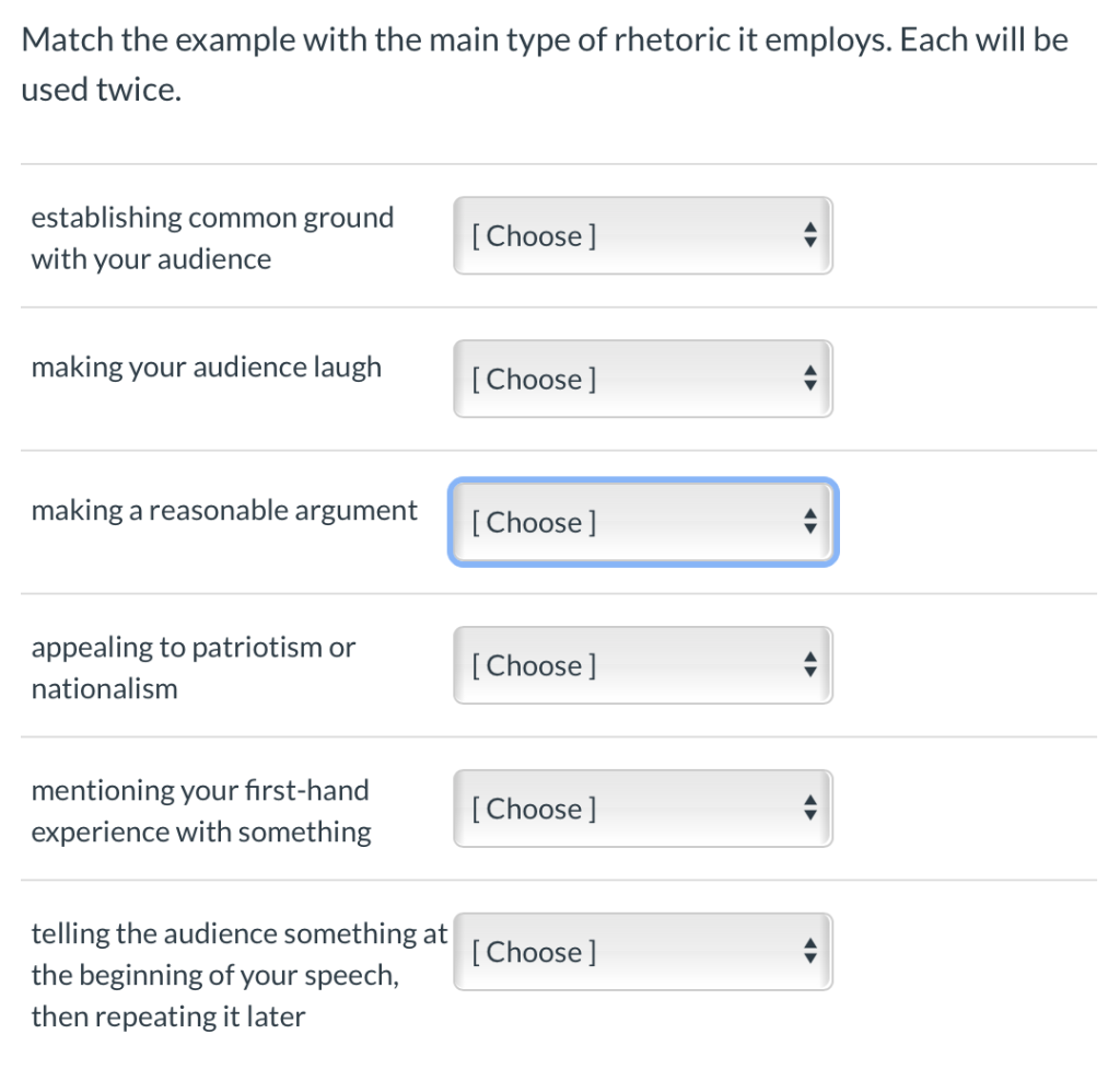 Solved Match the example with the main type of rhetoric it | Chegg.com