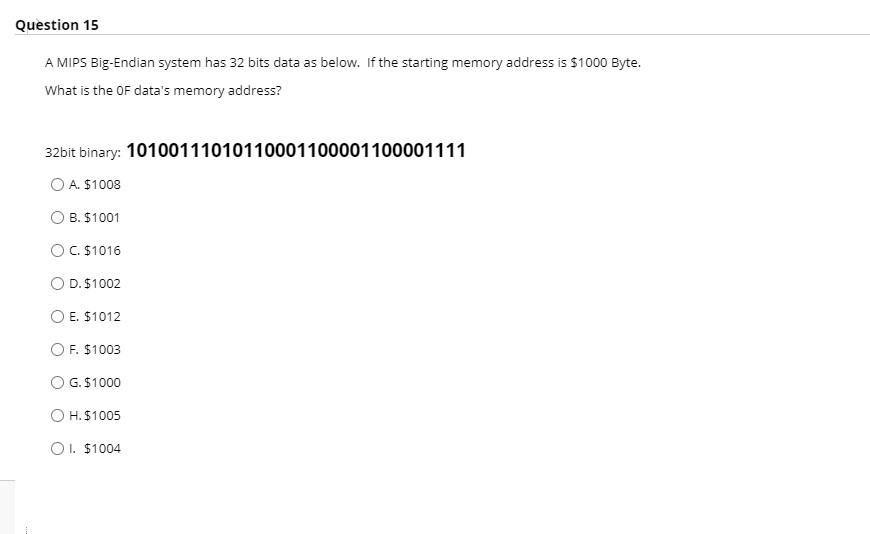 Solved Question 15 A MIPS Big-Endian system has 32 bits data | Chegg.com