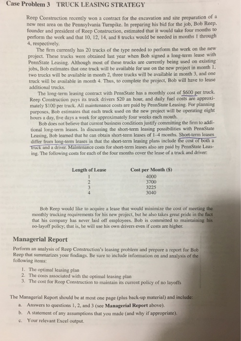Solved Case Problem 3 TRUCK LEASING STRATEGY Reep | Chegg.com