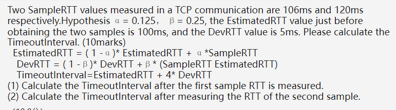 Solved Two SampleRTT values measured in a TCP communication | Chegg.com