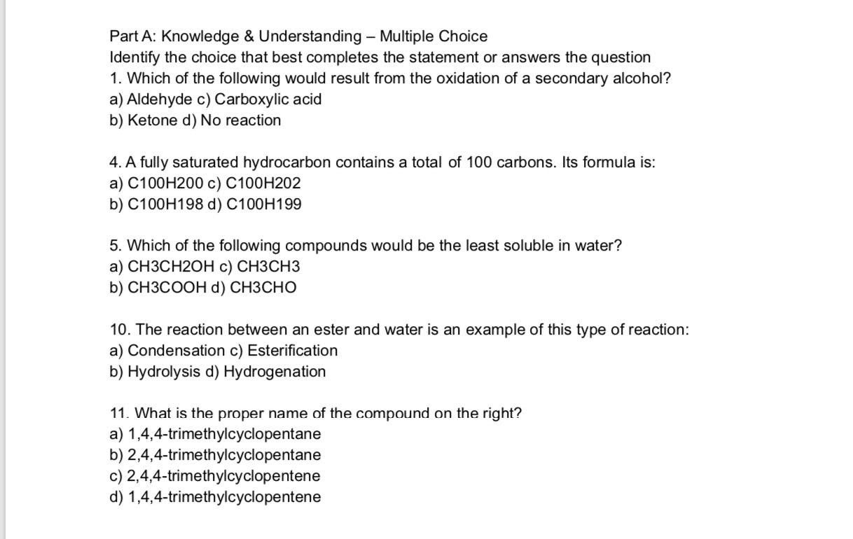 Solved Part A: Knowledge & Understanding - Multiple Choice | Chegg.com