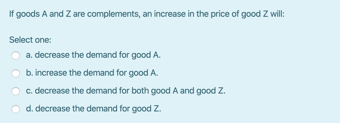 Solved If goods A and Z are complements, an increase in the | Chegg.com