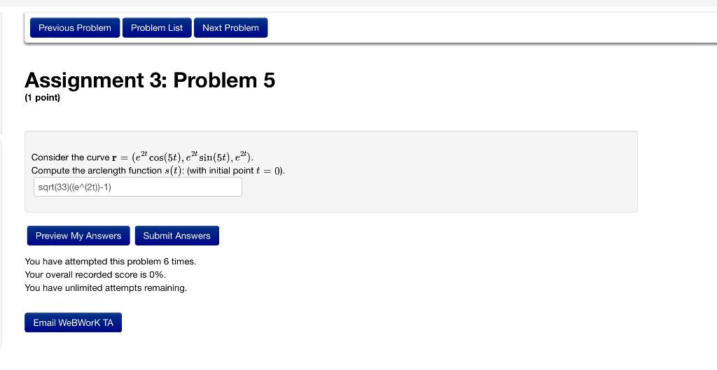 Solved Assignment 3: Problem 5 (1 point) Consider the curve | Chegg.com