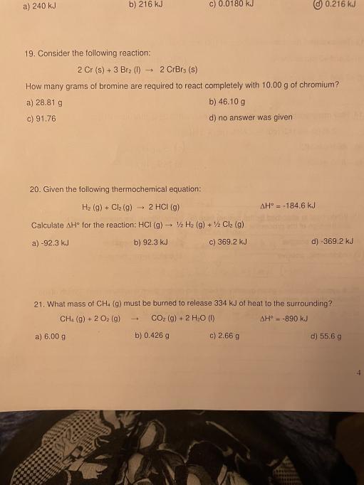 Solved a) 240 kJ b) 216 kJ C) 0.0180 kJ 0 0.216 kJ + 19. | Chegg.com