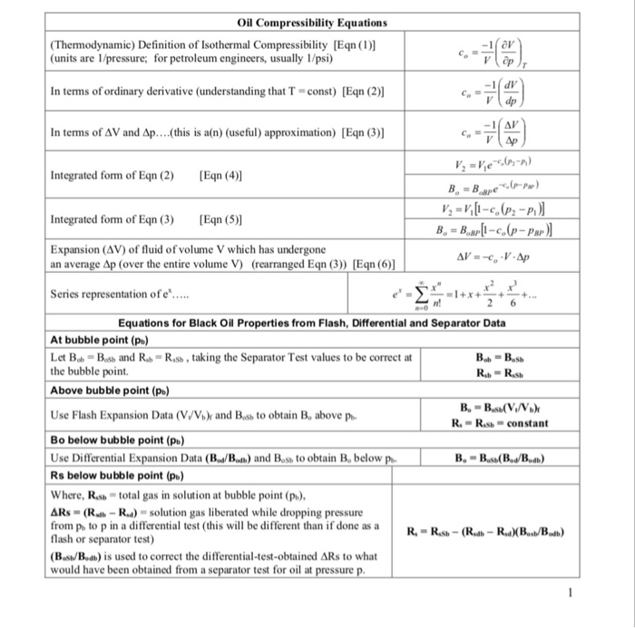 Oil Compressibility Equations (Thermodynamic) | Chegg.com