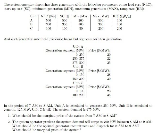 Solved The system operator dispatches three generators with | Chegg.com
