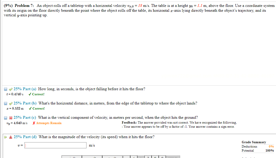 Solved (9\%) Problem 7: An object rolls off a tabletop with | Chegg.com