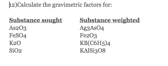 Solved 12)Calculate the gravimetric factors for: Substance | Chegg.com