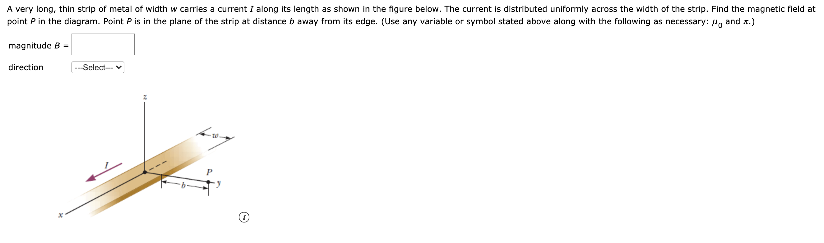 Solved A very long, thin strip of metal of width w carries a | Chegg.com