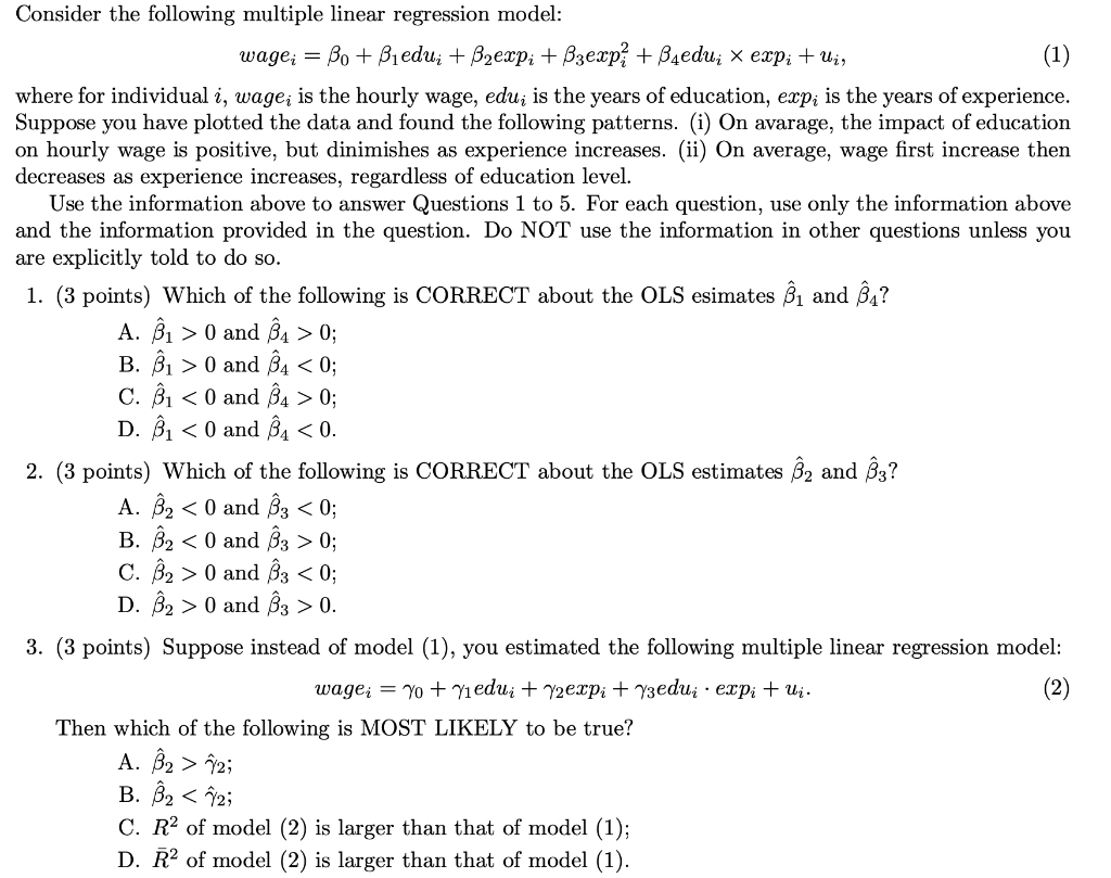 Solved Consider the following multiple linear regression | Chegg.com
