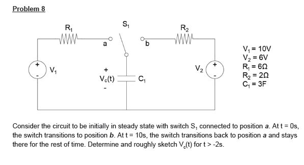 Solved Problem 8 S1 R1 R2 V1-10V V2 6V R1 60 R2 20 C 3F V. | Chegg.com