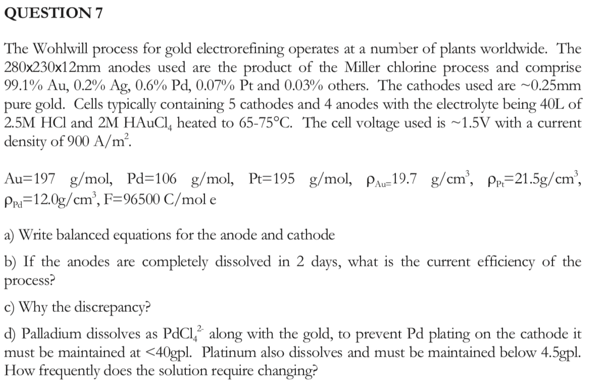 Solved The Wohlwill process for gold electrorefining | Chegg.com