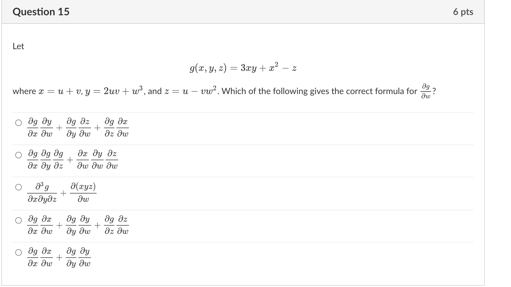 Solved g(x,y,z)=3xy+x2−z where x=u+v,y=2uv+w3, and z=u−vw2. | Chegg.com