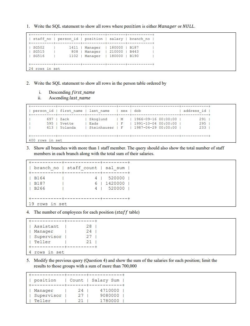 Solved 1. Write the SQL statement to show all rows where | Chegg.com