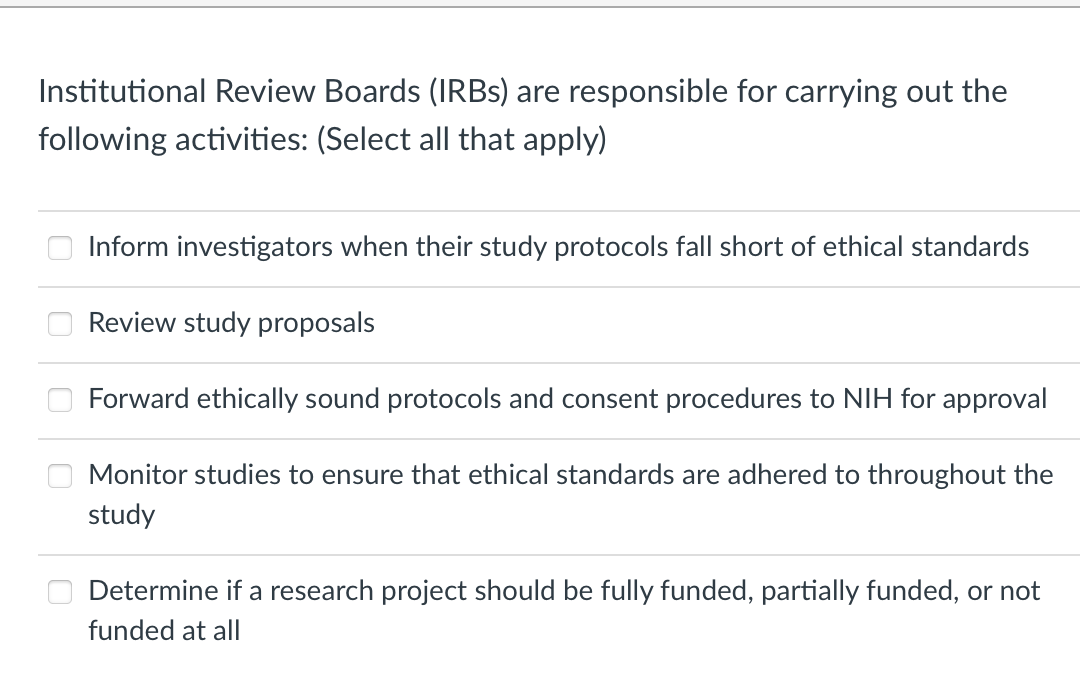 Solved Institutional Review Boards (IRBs) are responsible | Chegg.com