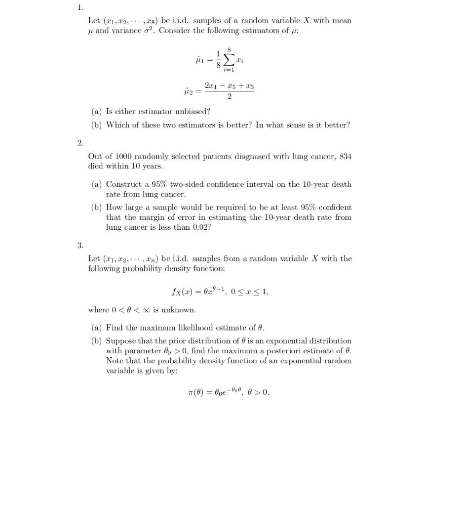Solved 1. Let (x1,x2,⋯,x8) be i.i.d. samples of a random | Chegg.com