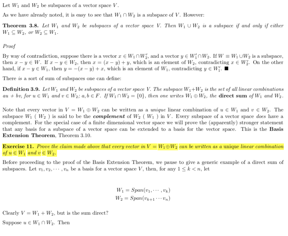 Solved Let W₁ and W₂ be subspaces of a vector space V. As we | Chegg.com