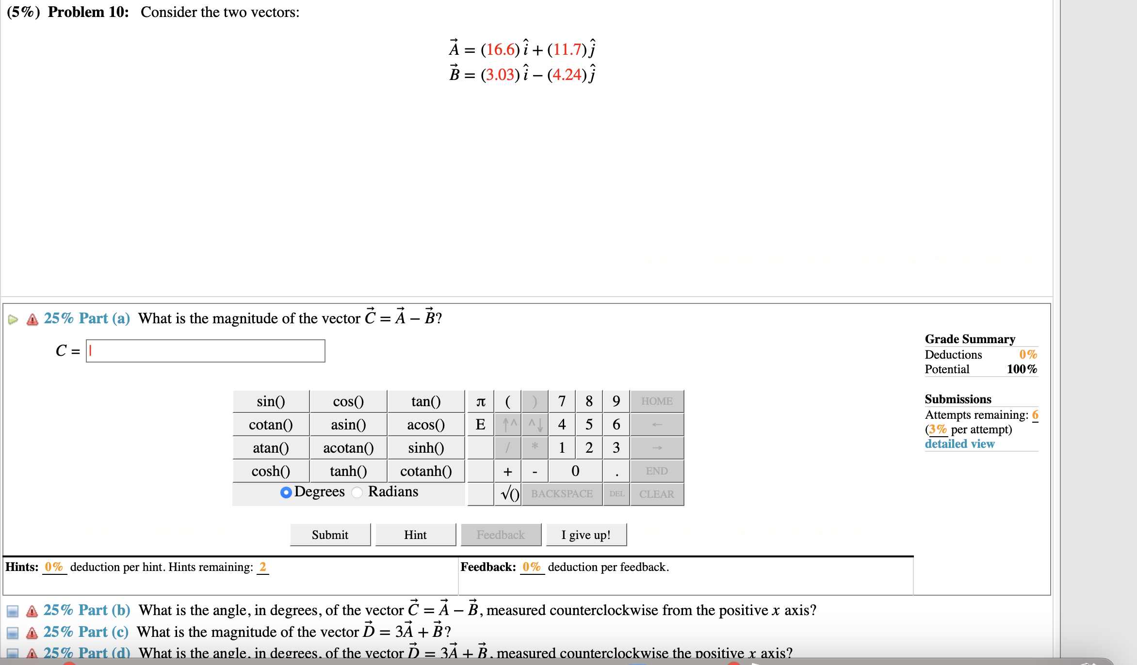 Solved (5\%) Problem 10: Consider the two vectors: | Chegg.com