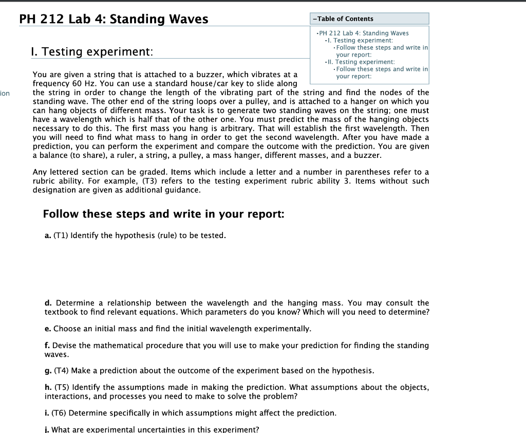 PH 212 Lab 4: Standing Waves -Table of Contents PH | Chegg.com