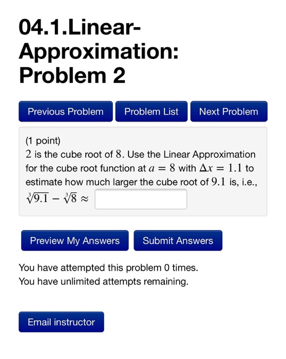 Solved 04.1.Linear- Approximation: Problem 2 Previous | Chegg.com