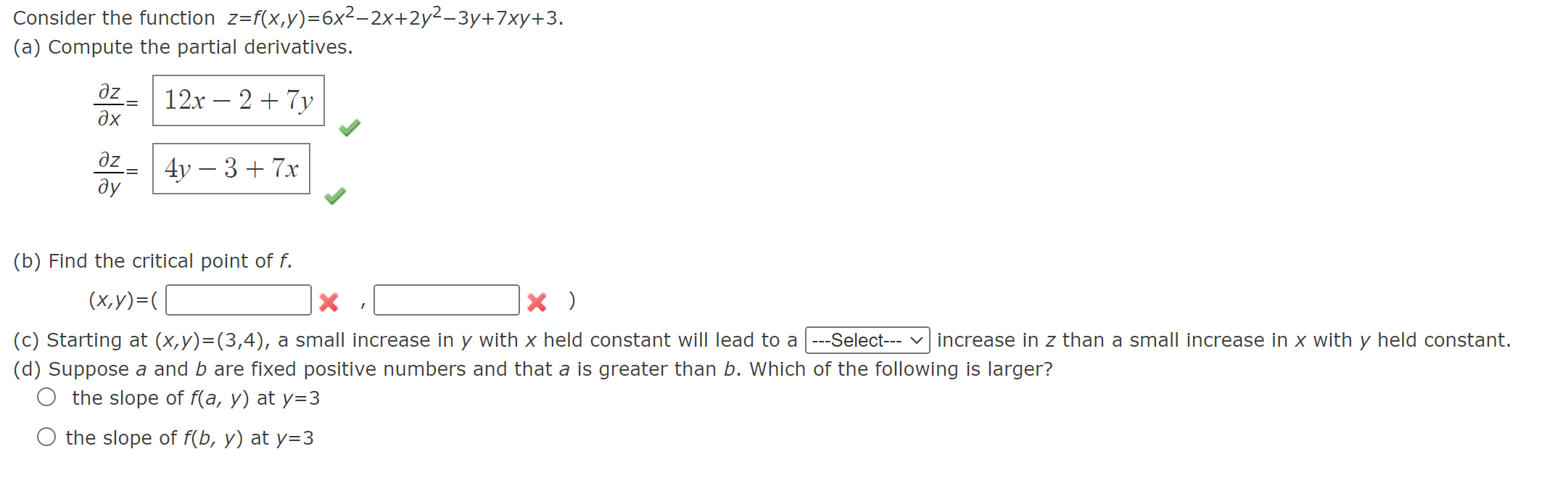 Solved Consider the function z=f(x,y)=6x2−2x+2y2−3y+7xy+3. | Chegg.com