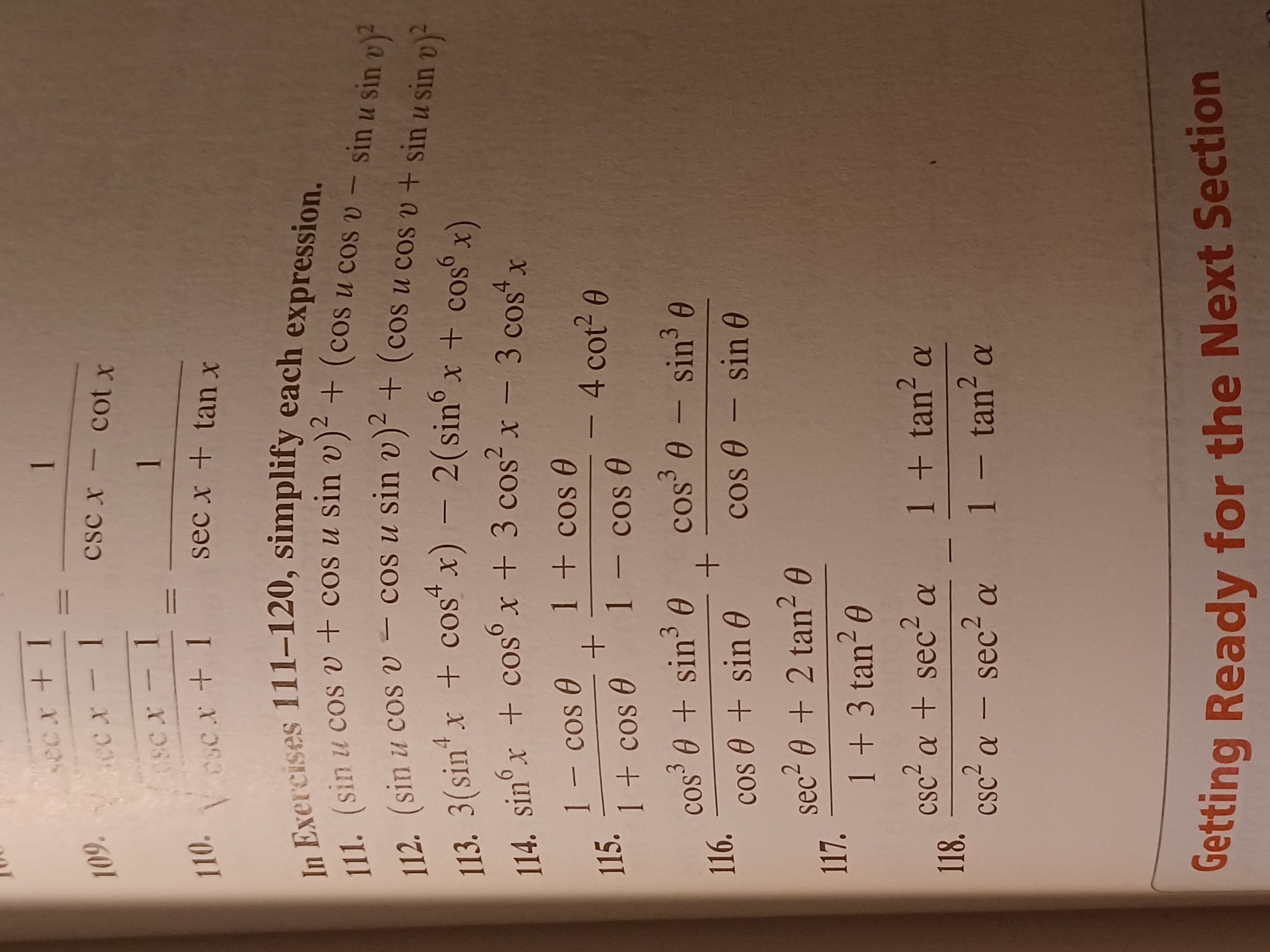 Solved 109. x−1x+1=cscx−cotx1 110. cocx+1cscx−1=secx+tanx1 | Chegg.com