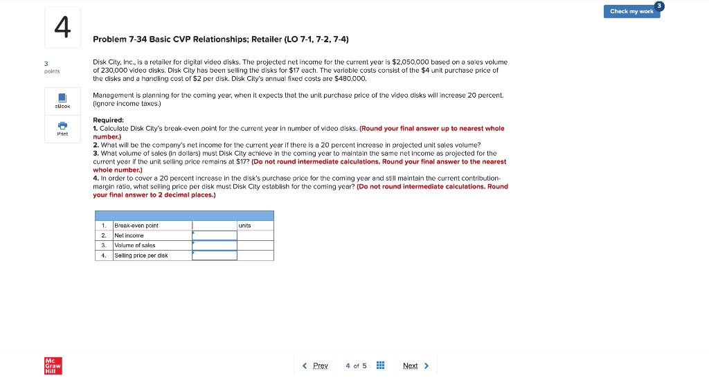 Solved Check my work 4 Problem 7-34 Basic CVP Relationships; | Chegg.com