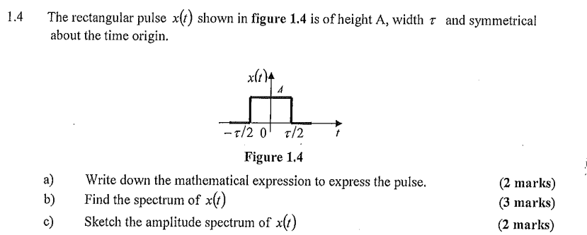 Solved 4 The rectangular pulse x(t) shown in figure 1.4 is | Chegg.com