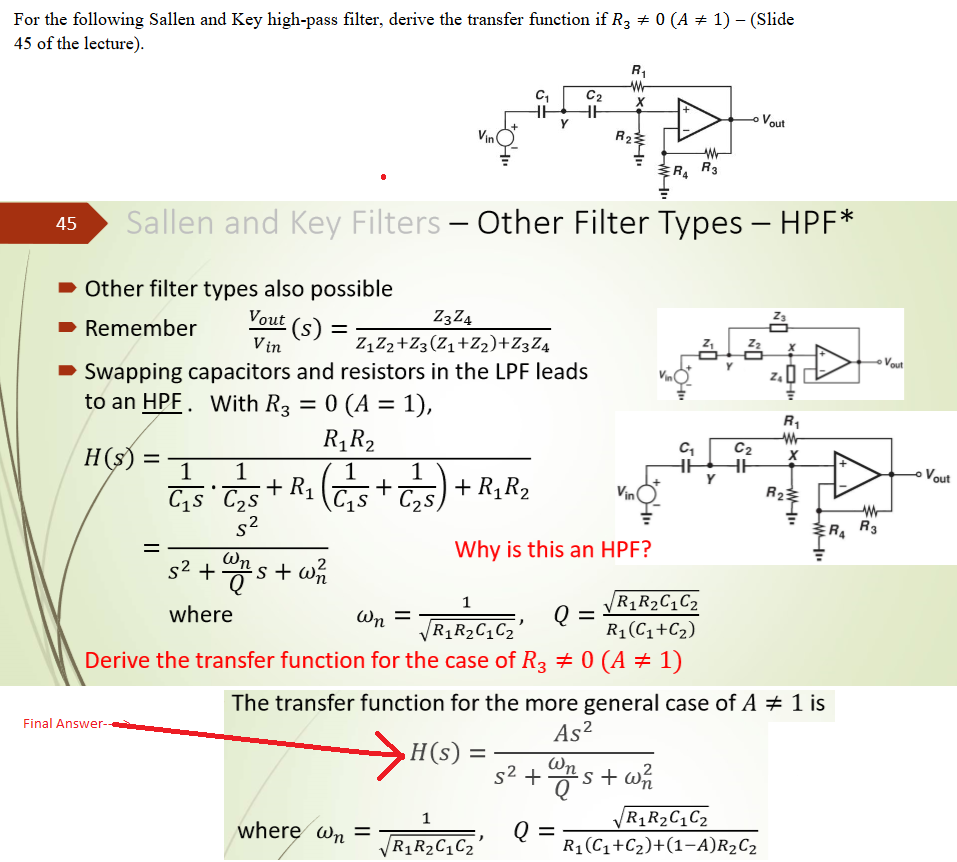 Solved For the following Sallen and Key high-pass filter, | Chegg.com