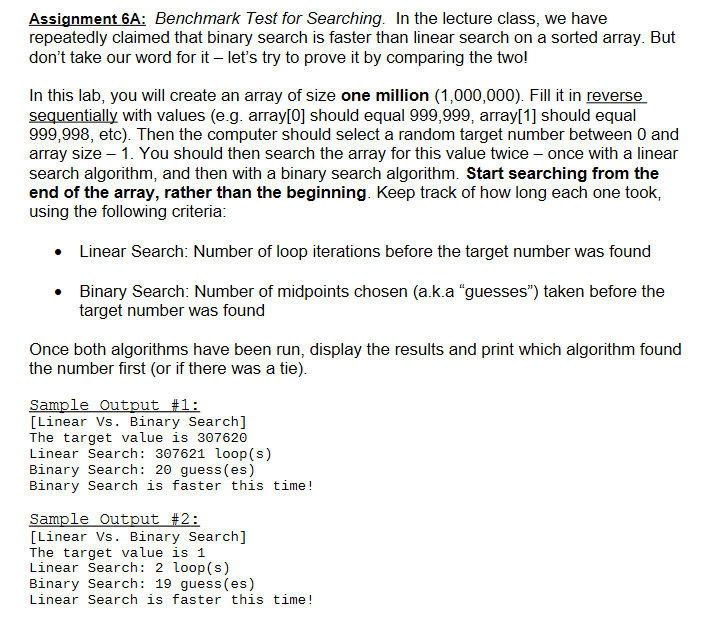 Solved Assignment 6A: Benchmark Test for Searching. In the | Chegg.com