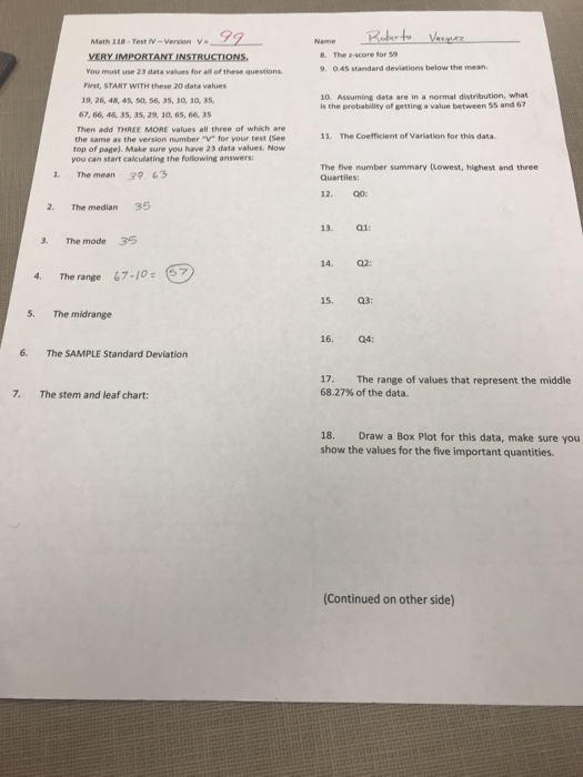 Solved Math 118 -Test W-Version V 8. The a-score for 52 VERY | Chegg.com