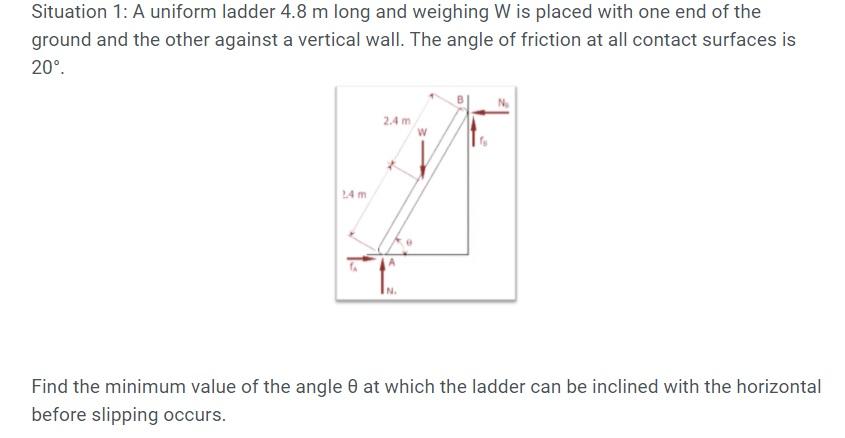 Solved Situation 1: A uniform ladder 4.8 m long and weighing | Chegg.com