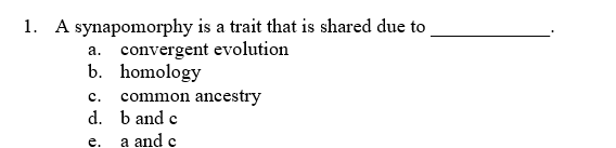 Solved 1. A synapomorphy is a trait that is shared due to a. | Chegg.com
