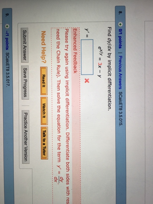 Solved 8. 0/1 points ! Previous Answers SCalcET8 3.5.015. | Chegg.com