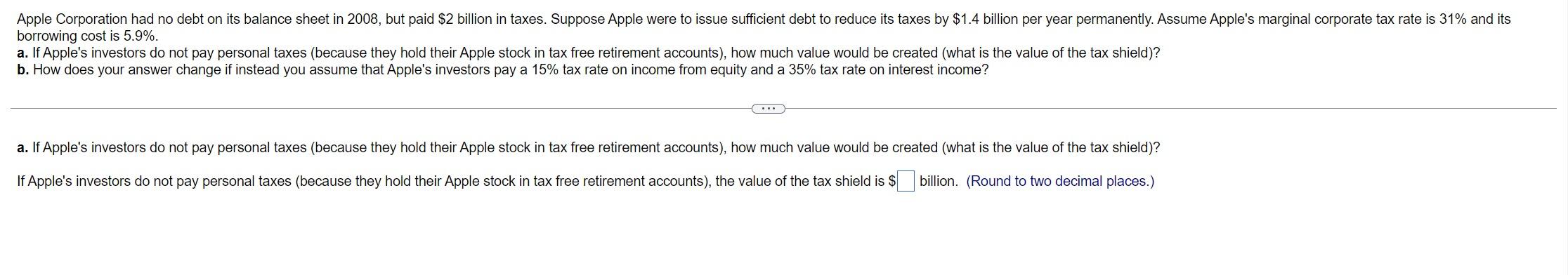 Solved Apple Corporation had no debt on its balance sheet in | Chegg.com