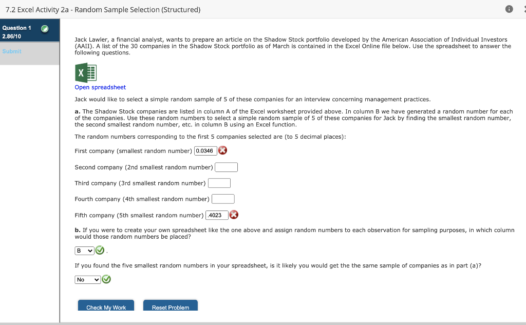 7.2 Excel Activity 2a - Random Sample Selection | Chegg.com