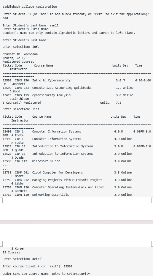 Solved sample run.Saddleback college RegistrationEnter | Chegg.com