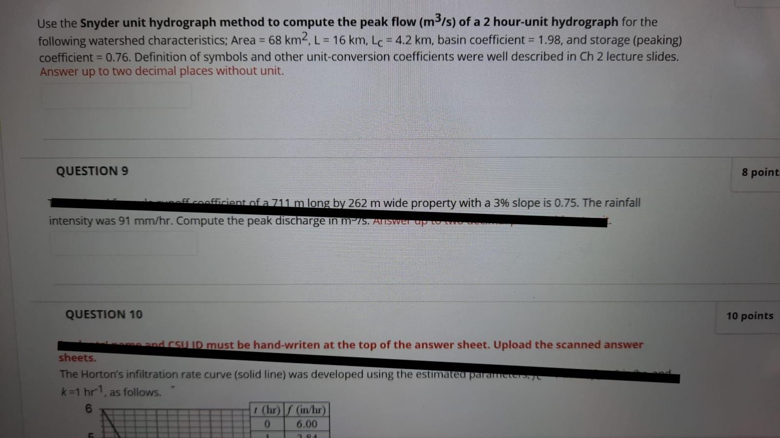 Solved Use the Snyder unit hydrograph method to compute the | Chegg.com
