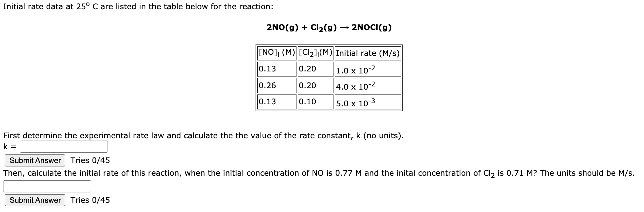 Solved Initial Rate Data At 25° C Are Listed In The Table