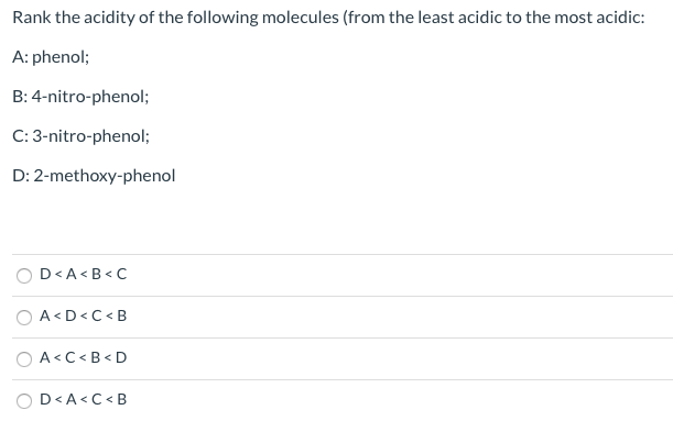 Solved Rank the acidity of the following molecules (from the | Chegg.com