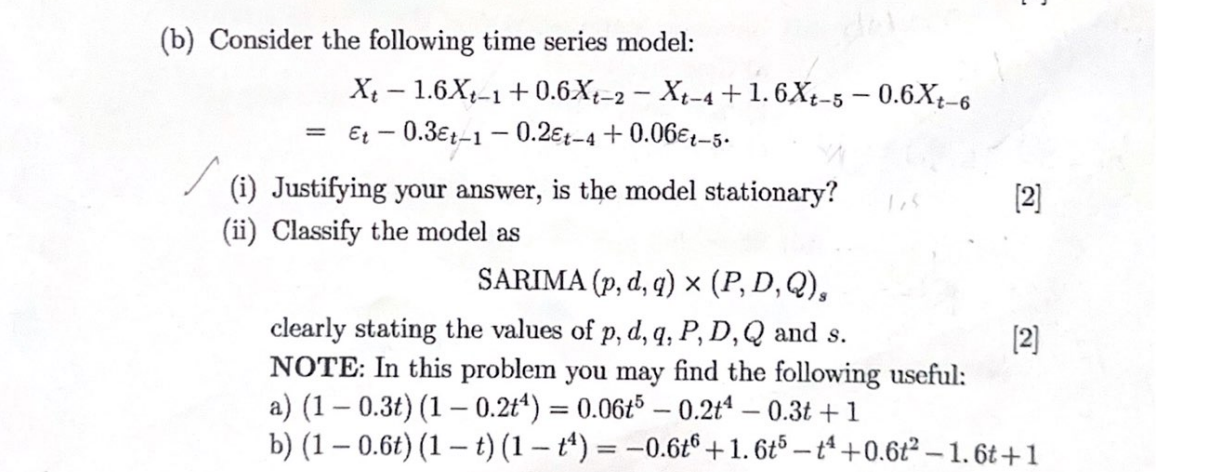 Solved (b) Consider the following time series model: \\[ | Chegg.com