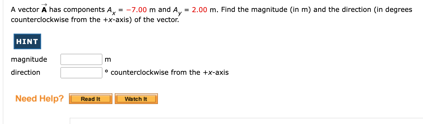 Solved A vector A has components Ax=−7.00 m and Ay=2.00 m. | Chegg.com