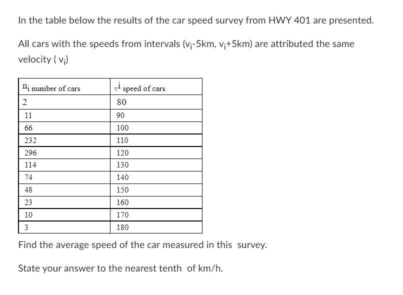Solved In the table below the results of the car speed | Chegg.com
